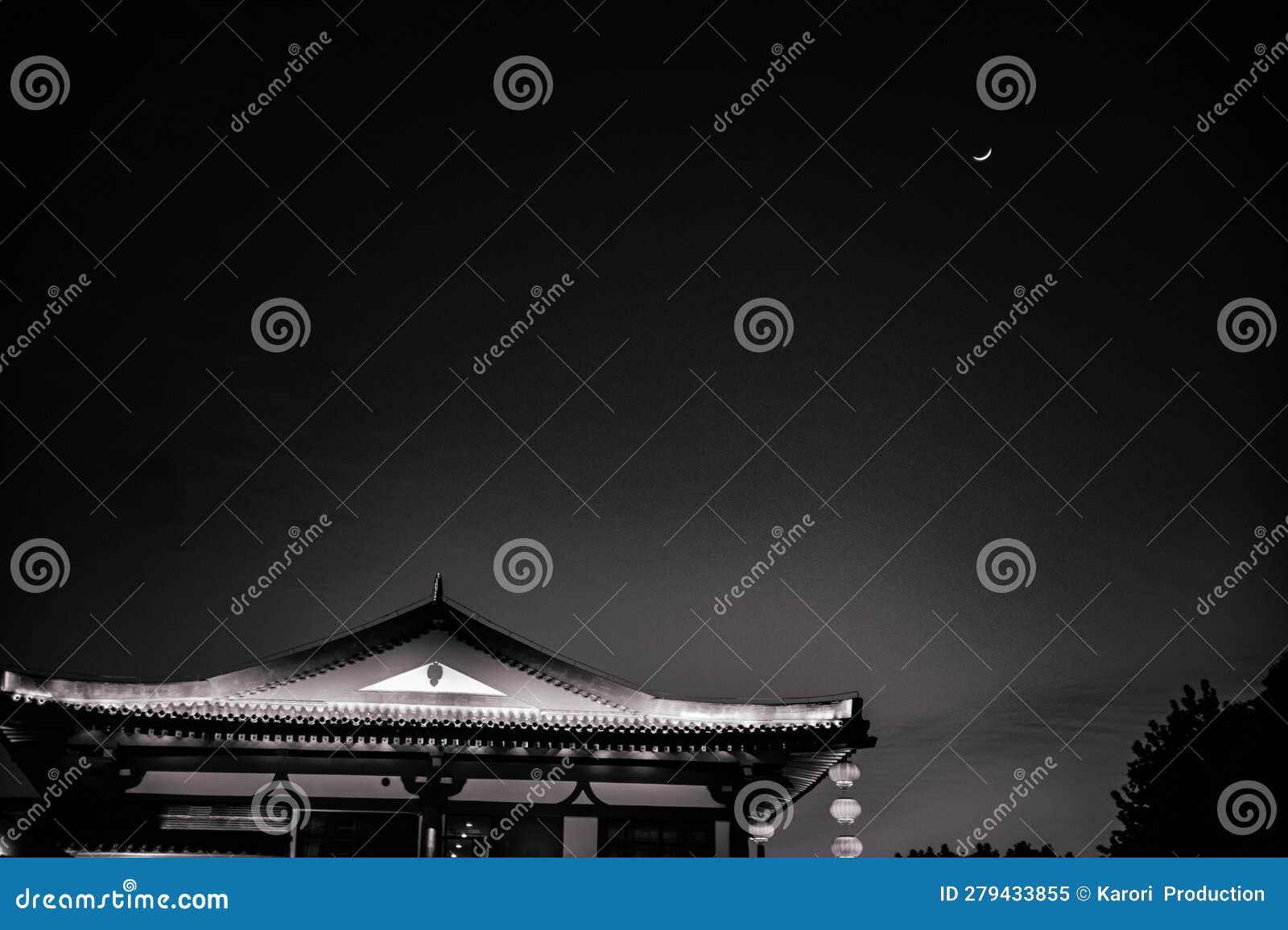 Red Light Up on the Chinese Temple Under the Crescent Moon. Stock Image ...