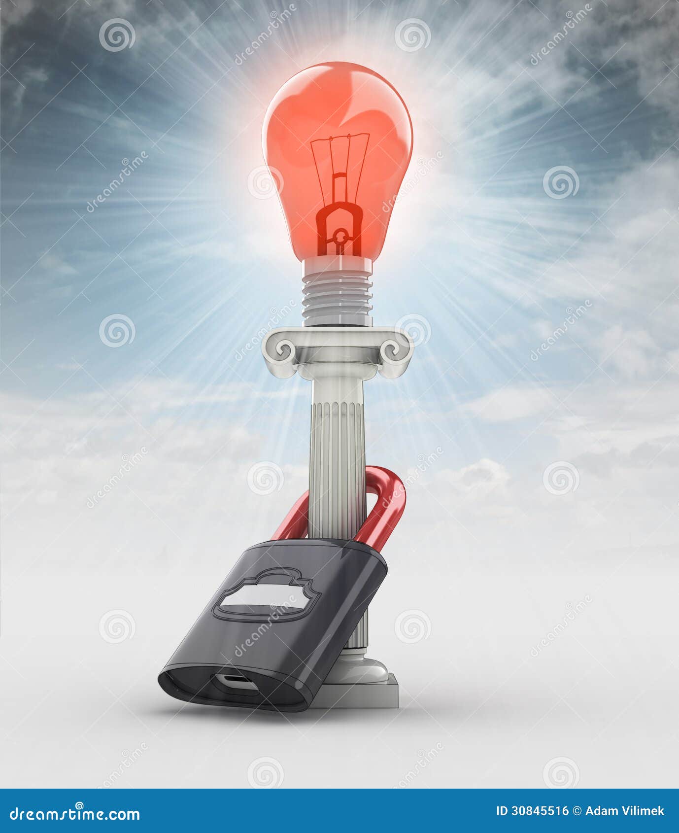 Red Lighted Bulb Warning Concept on Blue Sky Stock Illustration ...