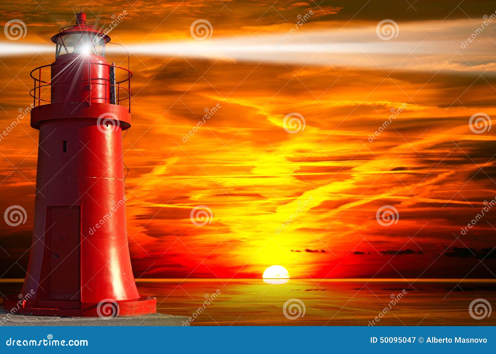Red Lighthouse with Light Beam at Sunset Stock Illustration ...