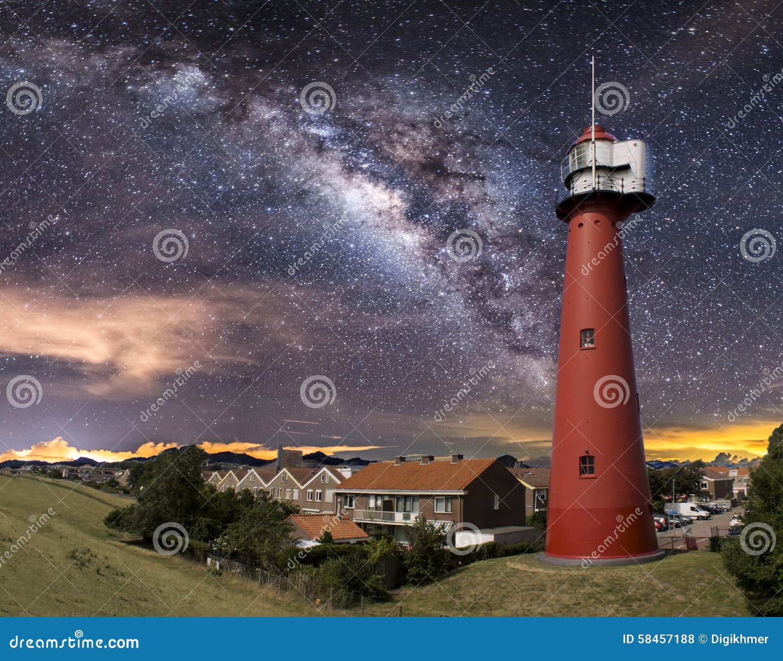 Red Lighthouse at Night stock photo. Image of architecture - 58457188