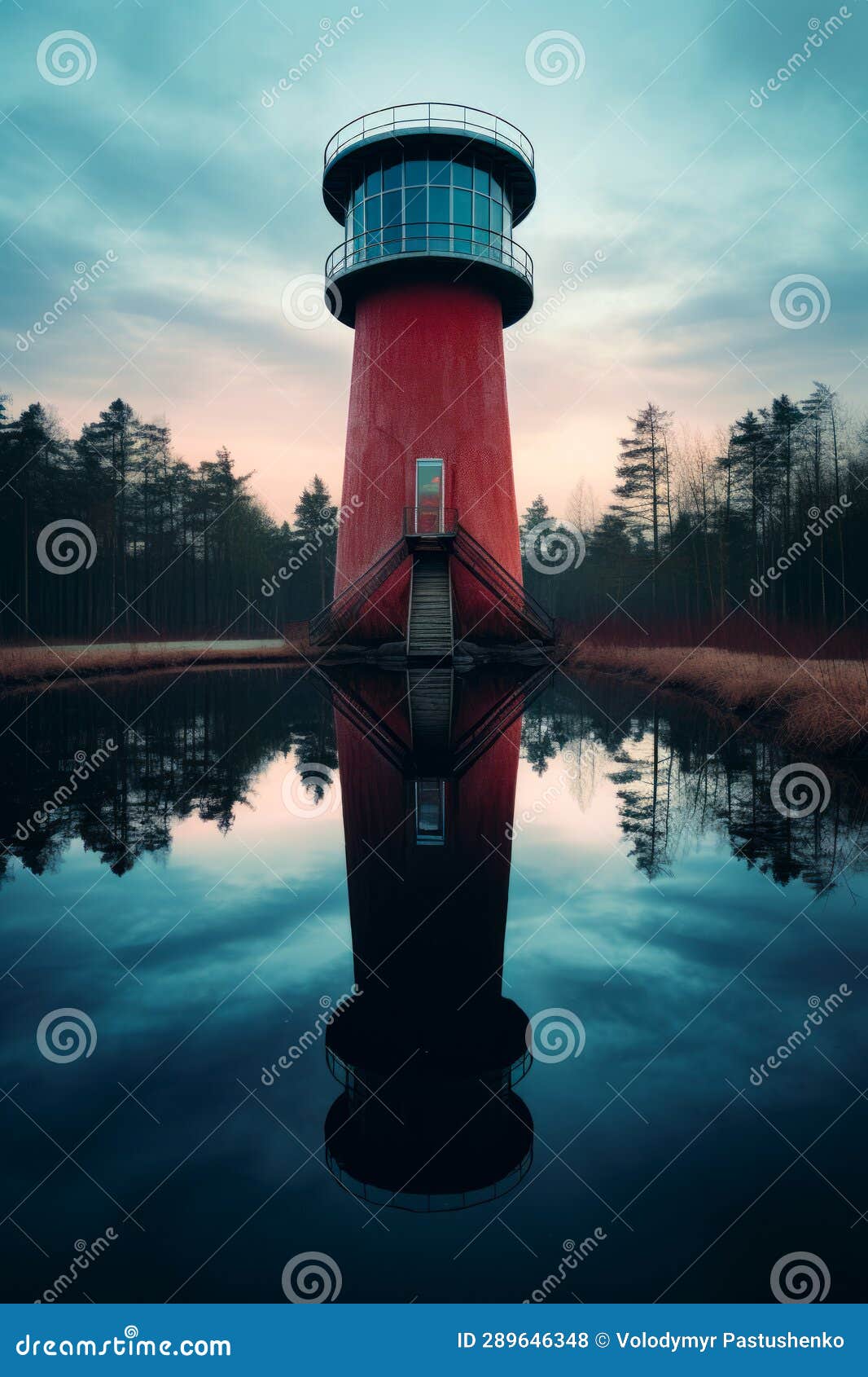Red Lighthouse Sitting on Top of Lake Next To Forest. Generative AI ...