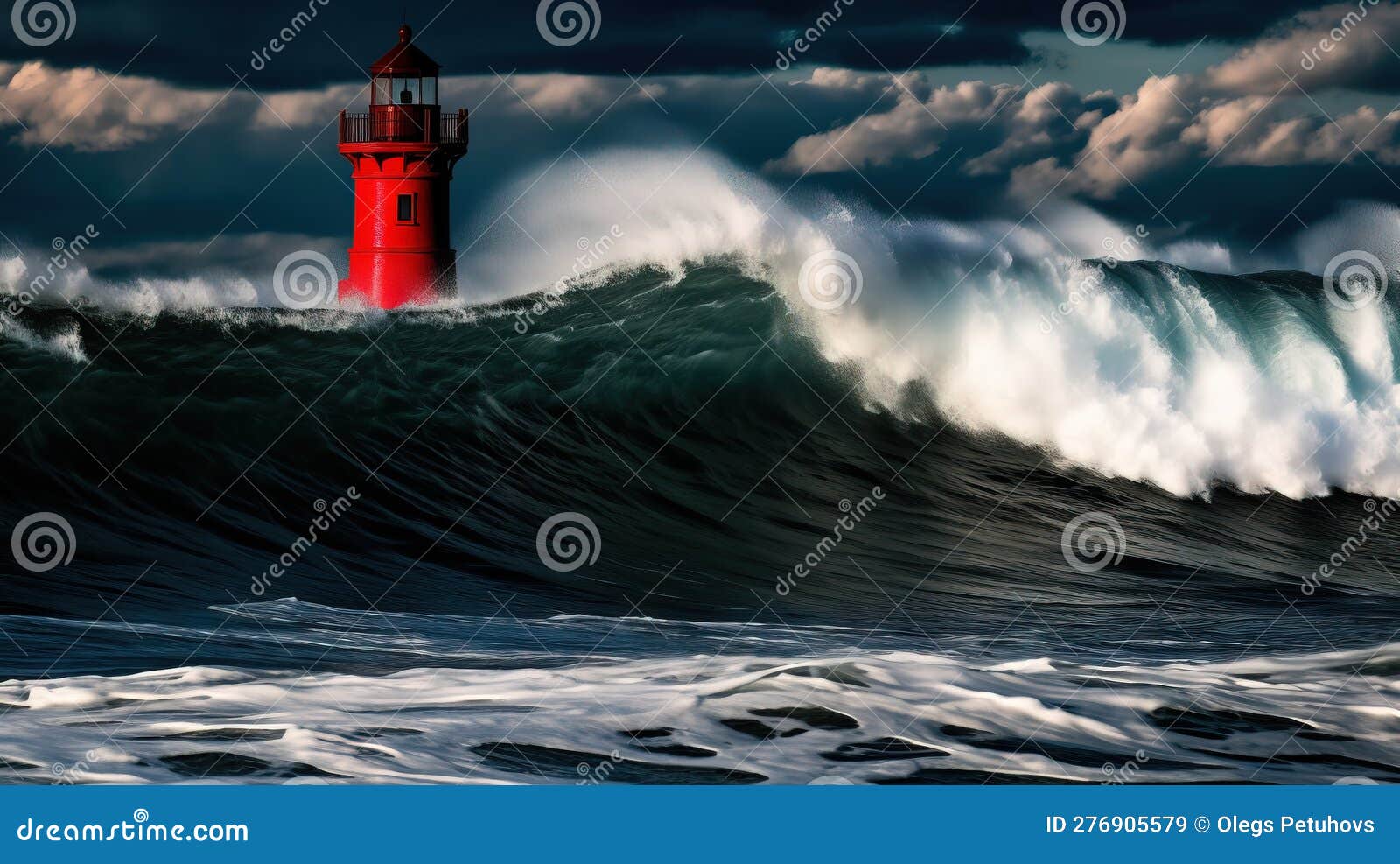 A Red Lighthouse Sitting on Top of a Wave in the Ocean Stock ...