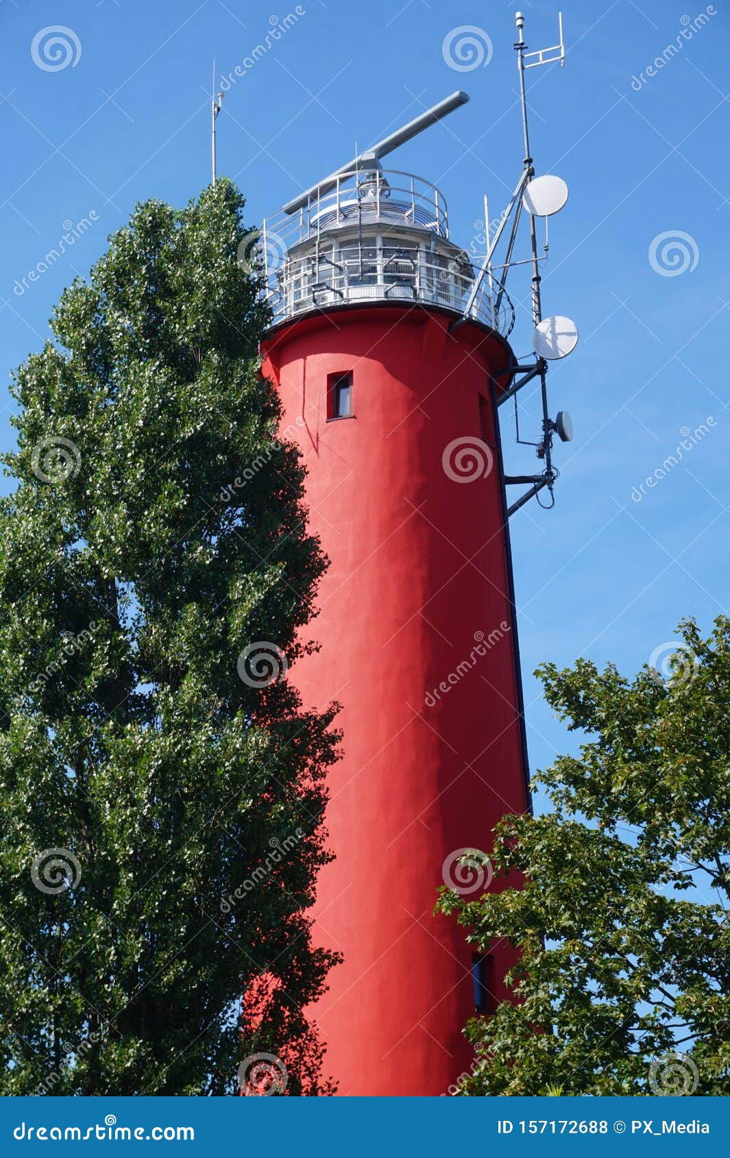 Red Lighthouse - Side View, Trees Stock Photo - Image of tower ...