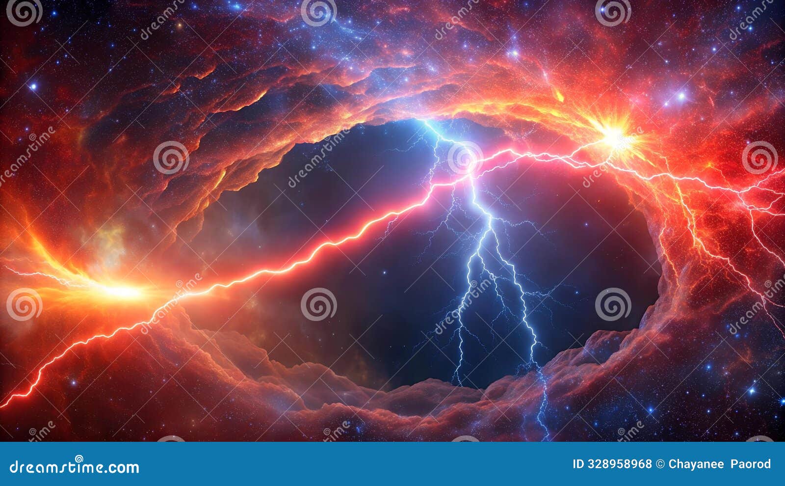 Red Lightning Bolt Arcing through a Glowing Nebula Generative AI Stock ...