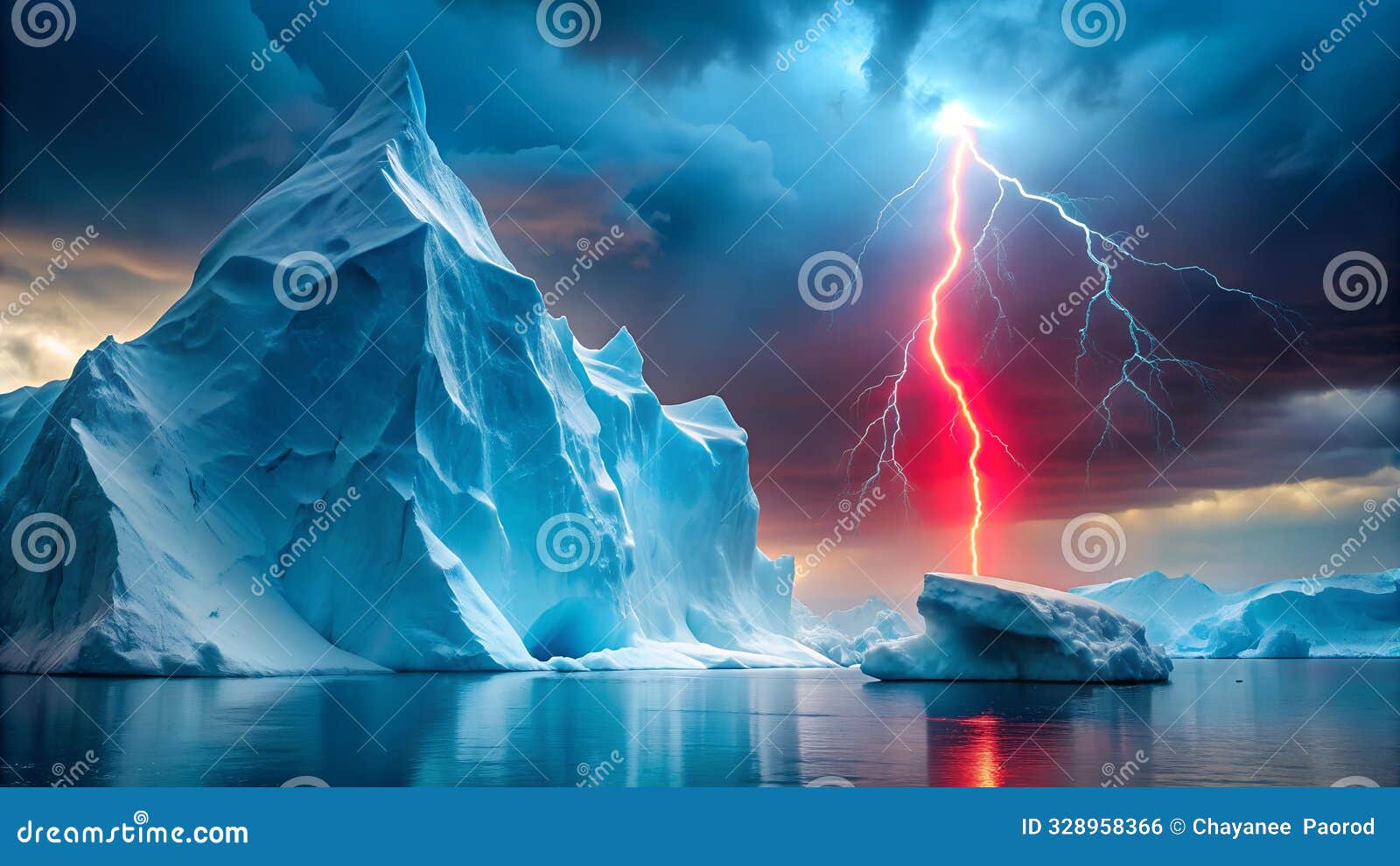 Red Lightning Bolt Splitting a Giant Iceberg AI Generated Stock ...