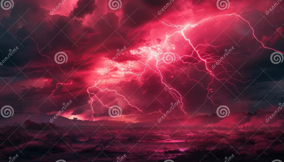 Red Lightning Storm. Thunderstorm with Striking Red Sky Stock Image ...