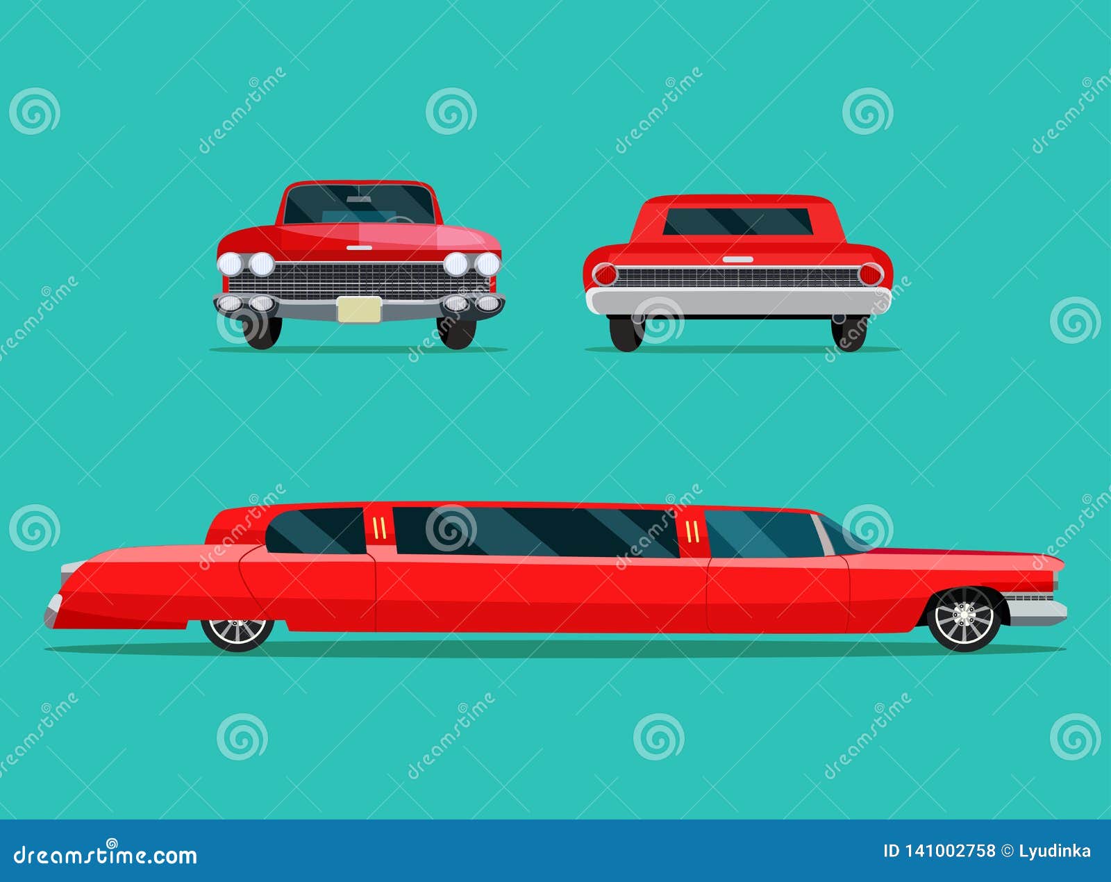 Red Limousine Two Angle Set. Car Side View, Back View and Front View ...