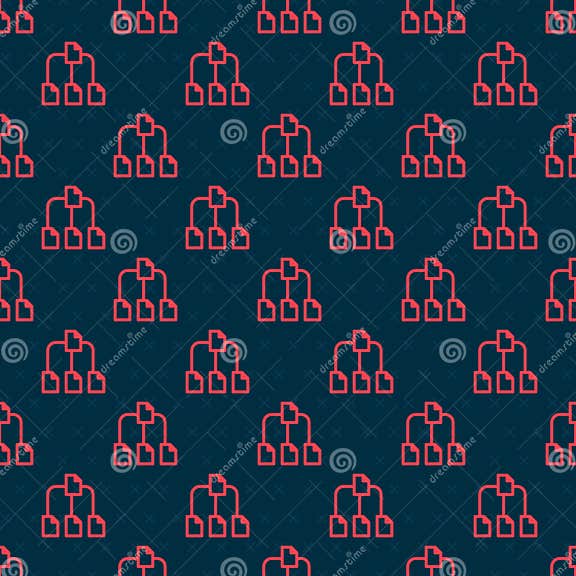 Red Line Folder Tree Icon Isolated Seamless Pattern on Black Background. Computer Network File ...