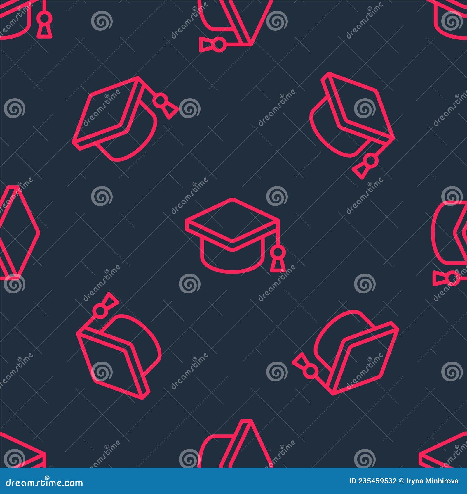 Red Line Graduation Cap Icon Isolated Seamless Pattern on Black ...