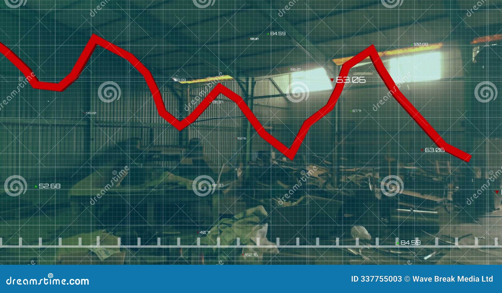 Red Line Graph Image Over Industrial Warehouse with Various Items ...