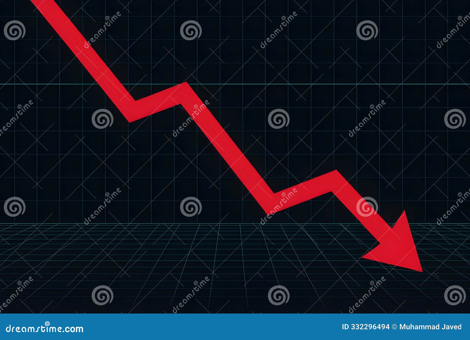 Red Line Plunges Downward on Black Background, Grid Pattern, Sharp ...
