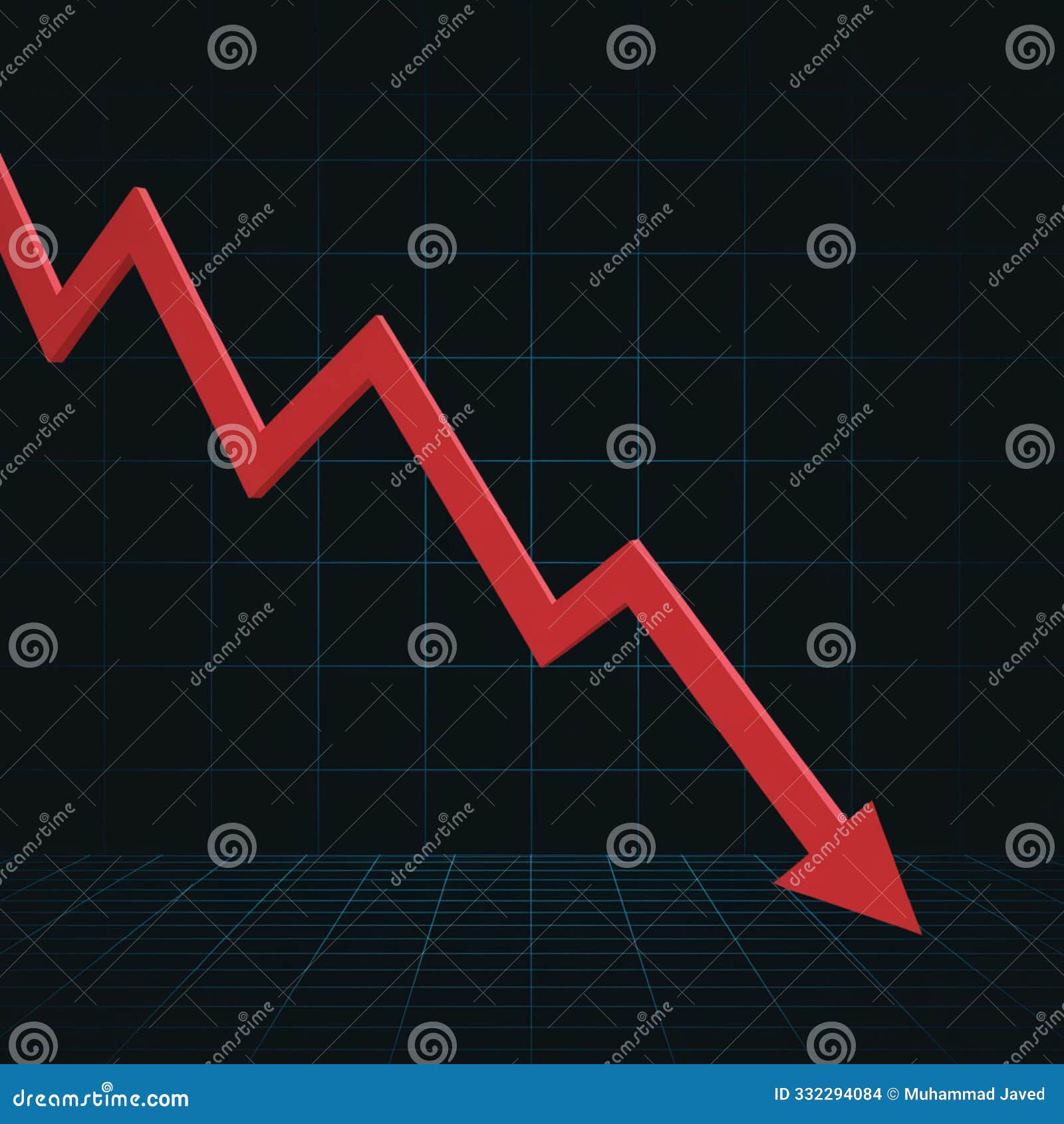 Red Line Plunges Downward on Black Background, Grid Pattern, Sharp ...