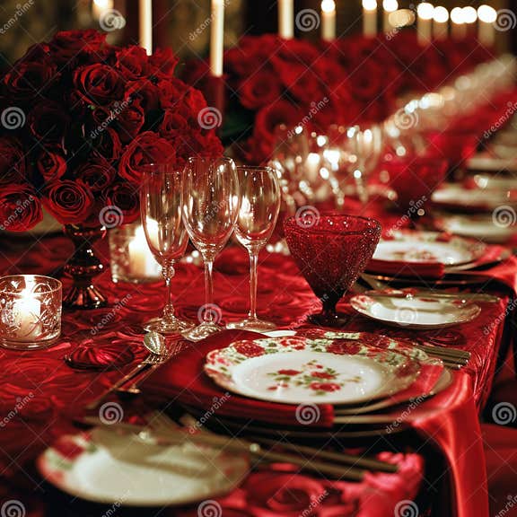 Red Linens, Elegant Dinnerware, and Romantic Candlelight Stock Image ...