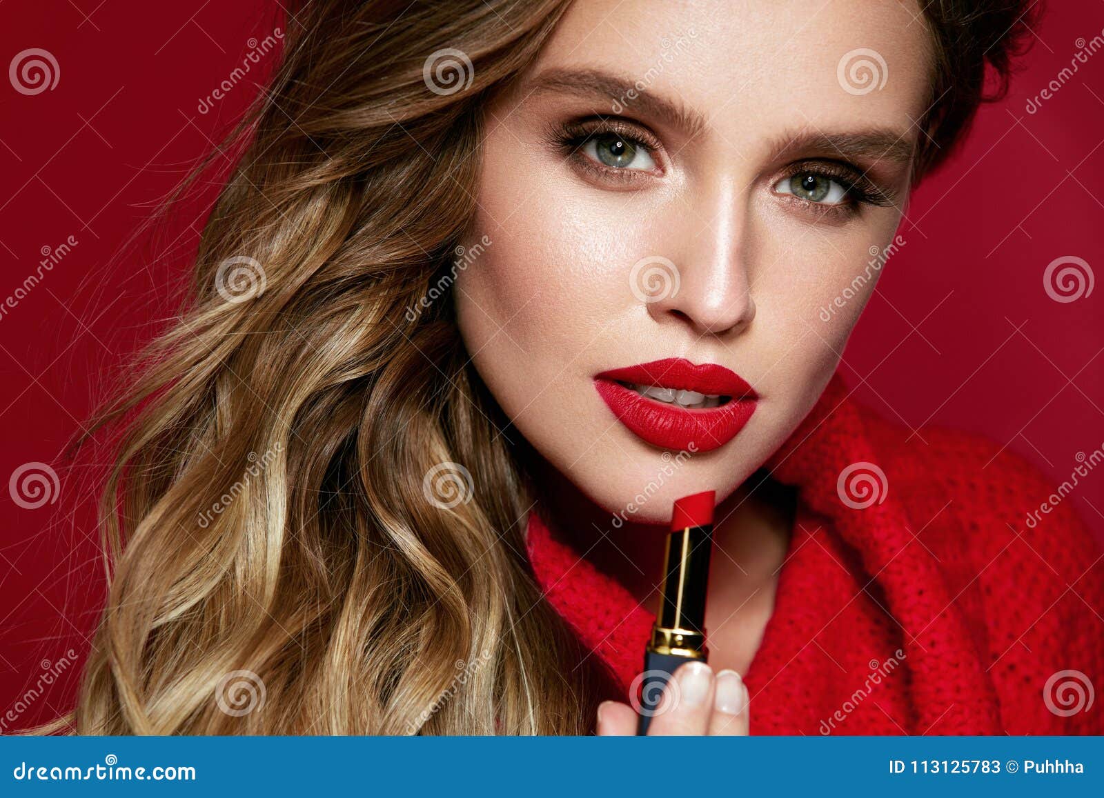 Red Lips Beautiful Woman With Beauty Makeup Holding Lipstick Stock