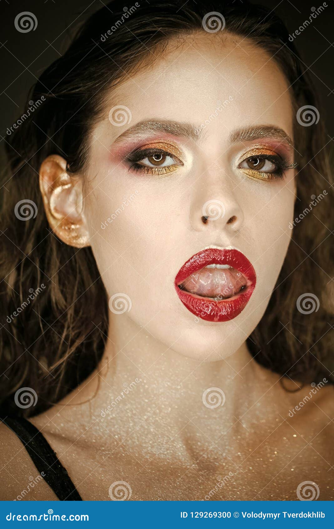 Red Lips Beauty Makeup Woman With Brunette Hair Beautiful Girl