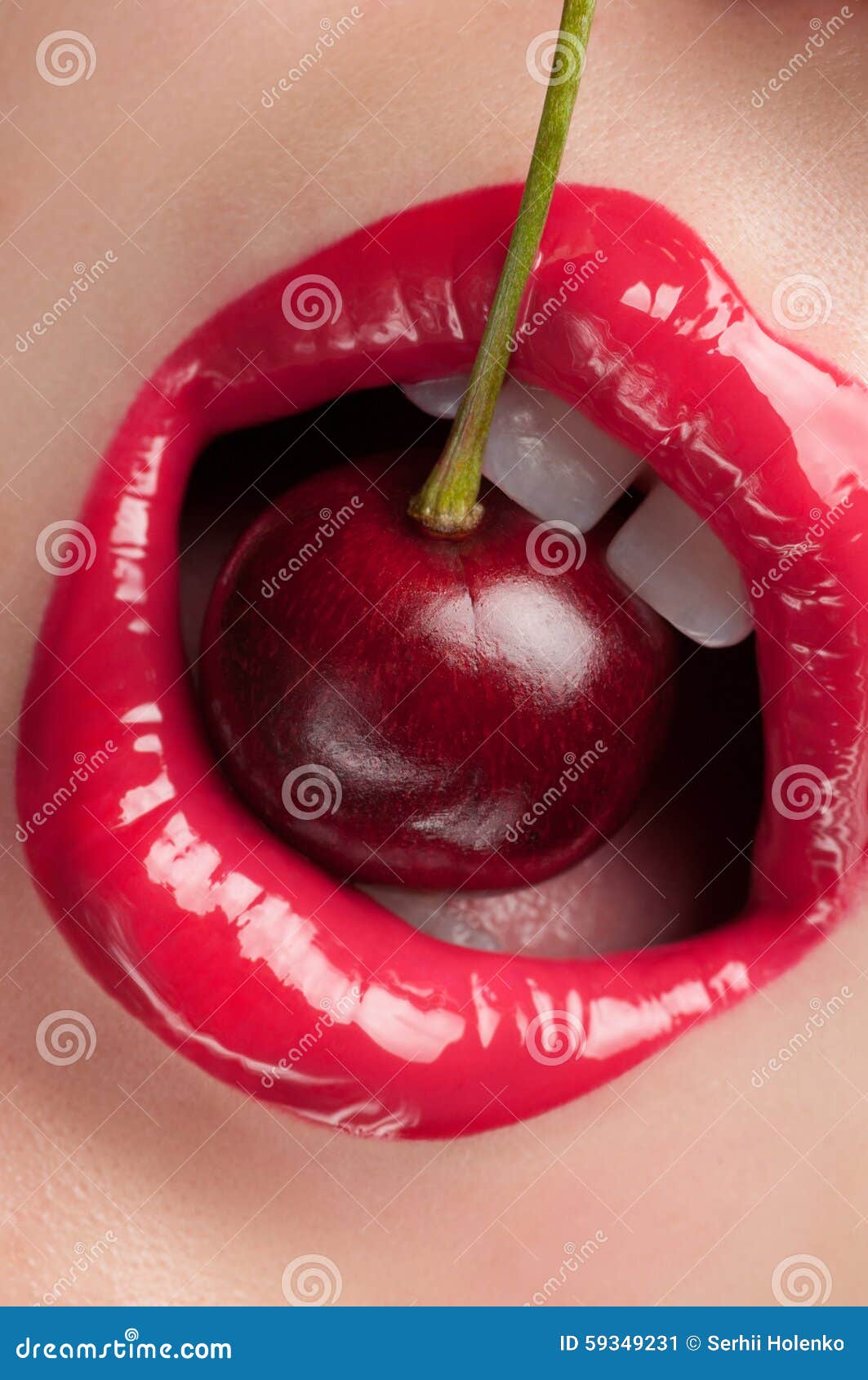 Red lips with a cherry. stock image. Image of matte, gloss - 59349231