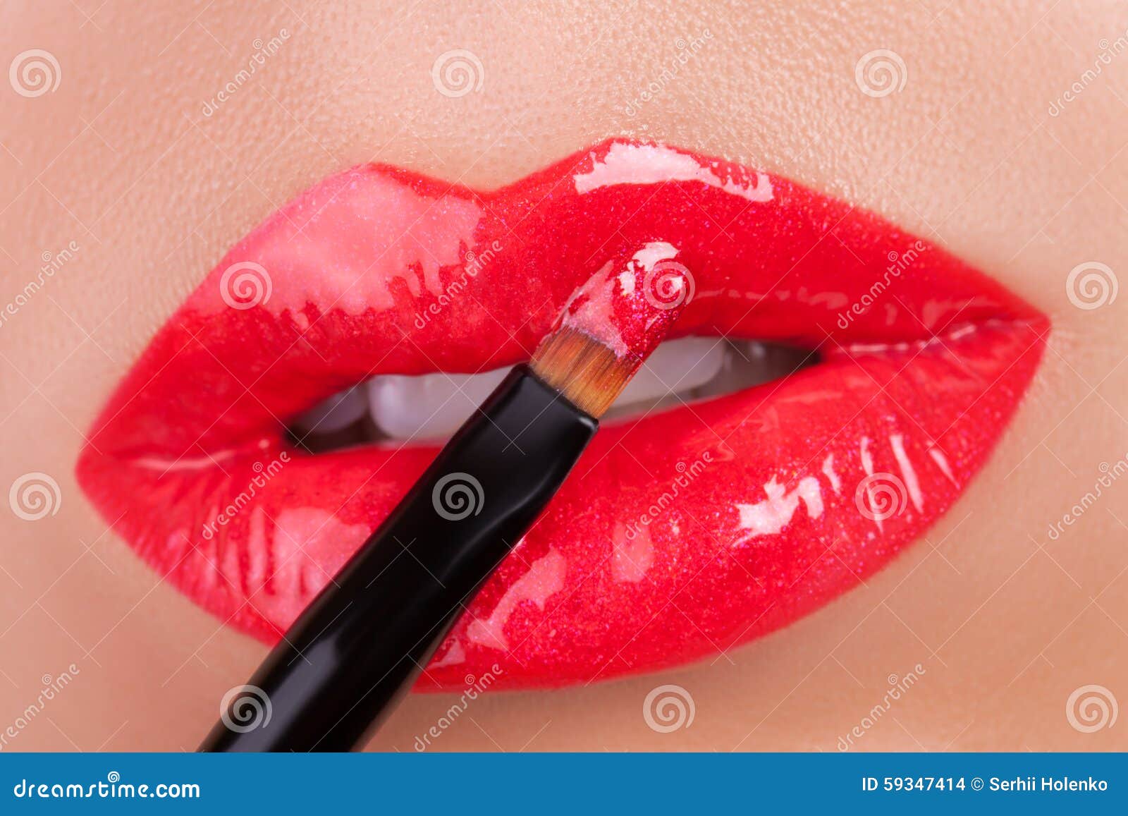 Red lips close-up. stock photo. Image of brush, makeup - 59347414