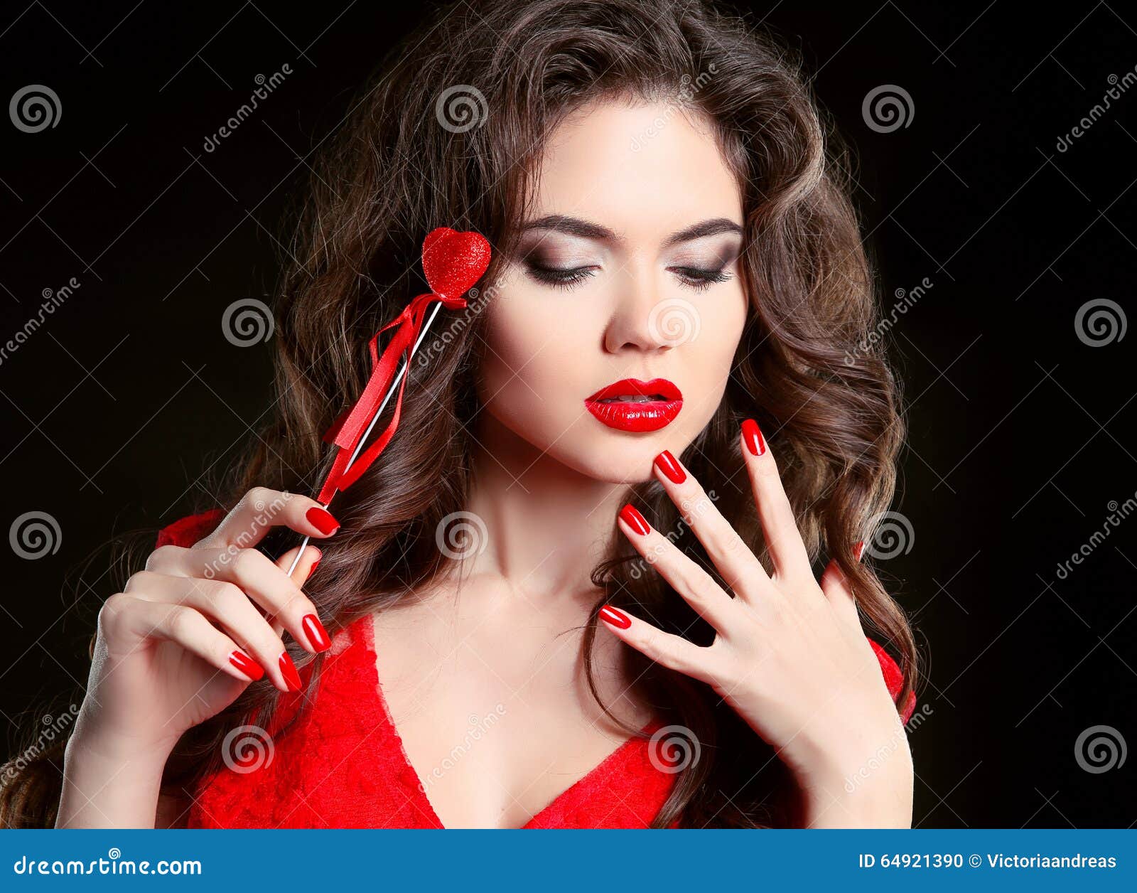 Red Lips Manicured Nails Beautiful Young Woman Model With Beau Stock