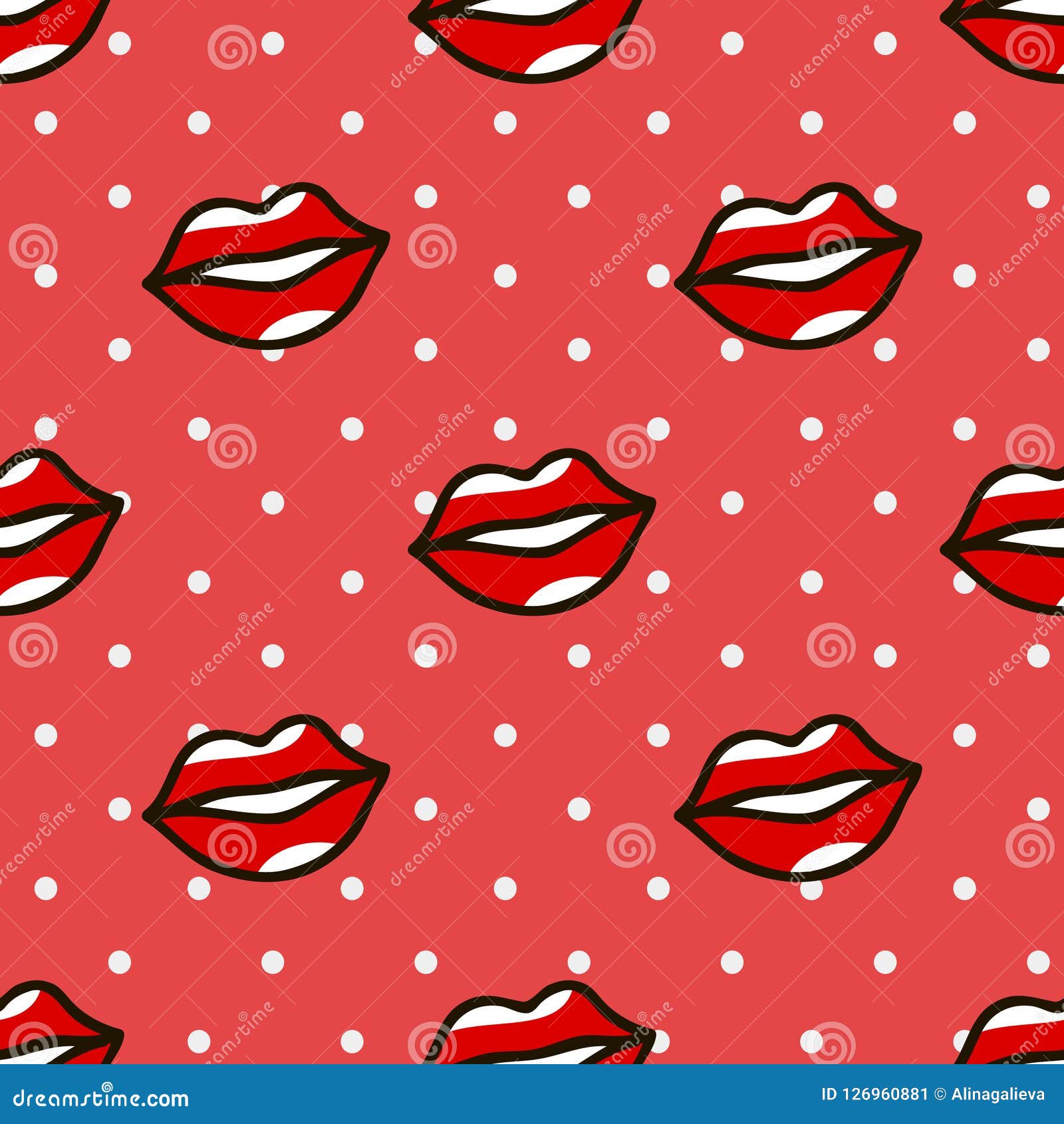 Red Lips Pattern in Cartoon Style on Dots Background Stock Illustration ...
