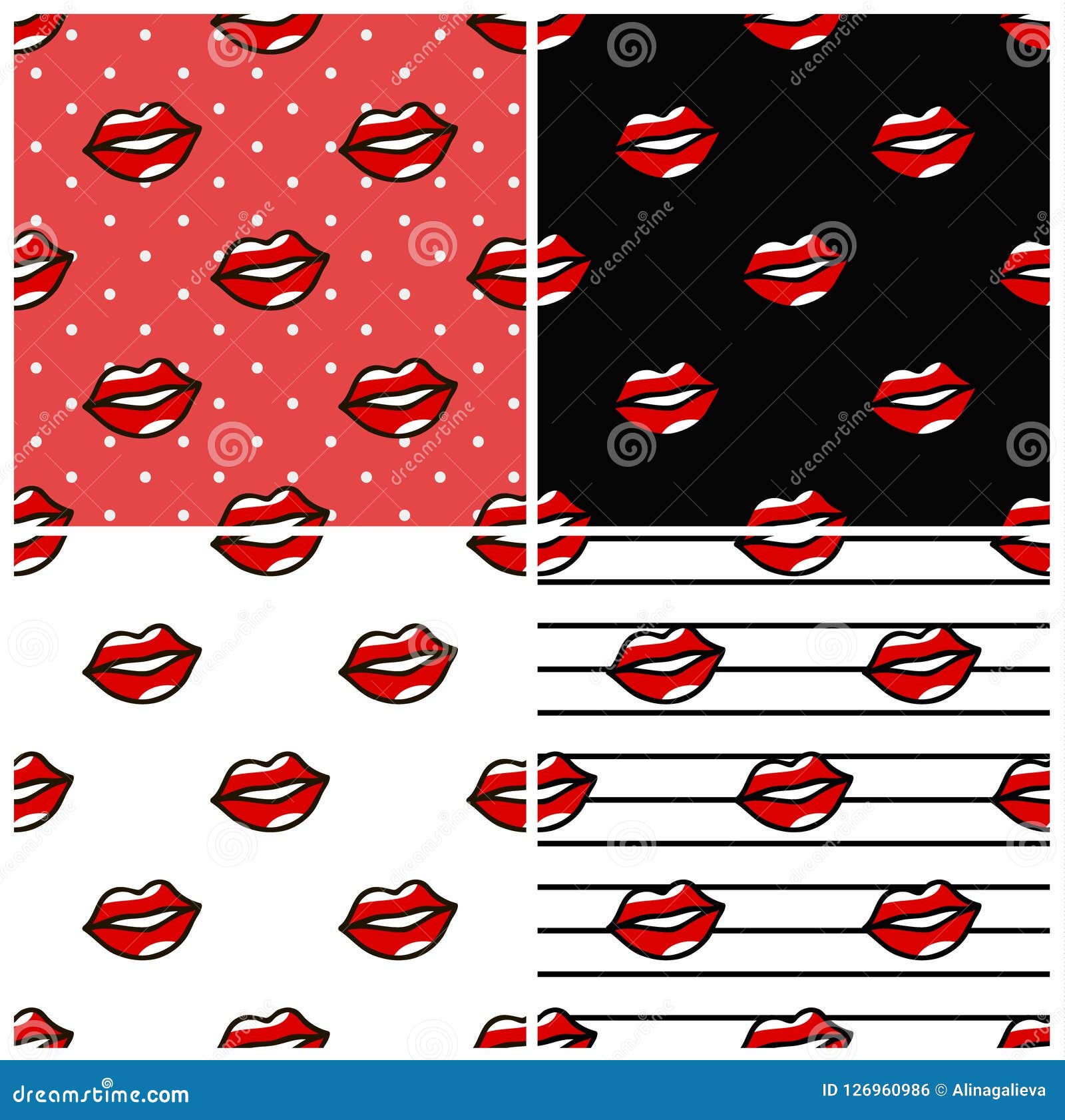 Red Lips Pattern Set in Cartoon Style on Dots, Striped ,black and White ...