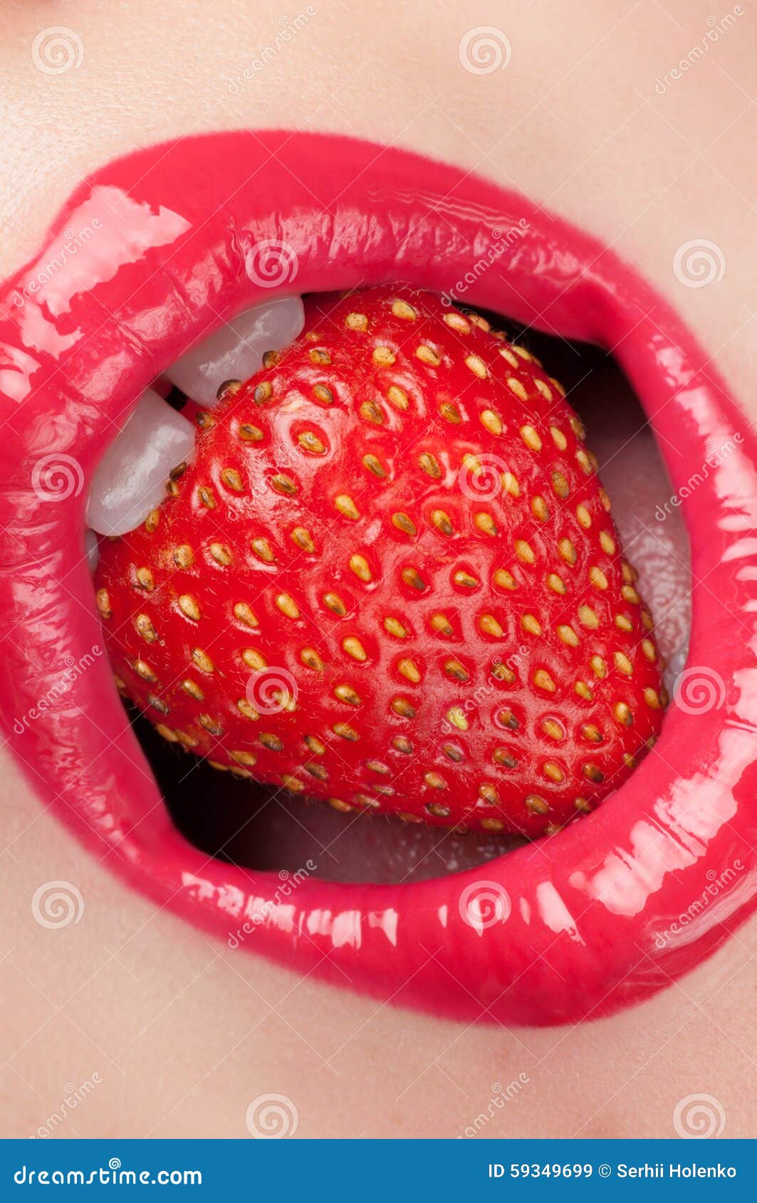 Red lips with strawberry. stock image. Image of cosmetics - 59349699