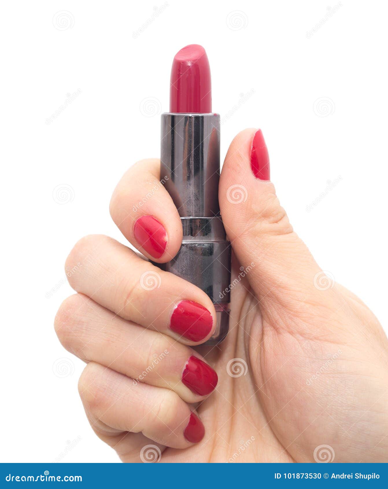 Red Lipstick in Hand with Red Nail Polish on a White Background Stock ...