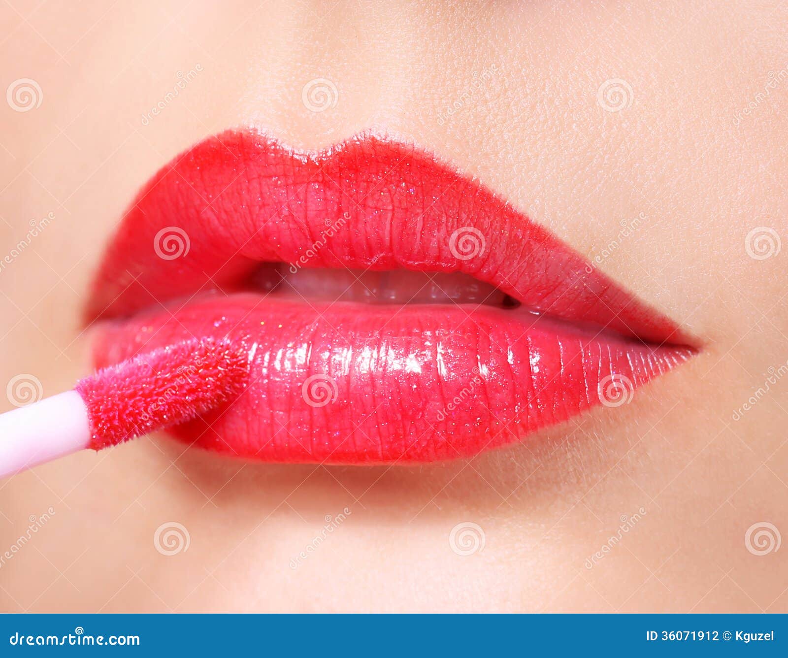 Red Lipstick. Lip Gloss on Lips and Brush Stock Photo - Image of makeup ...