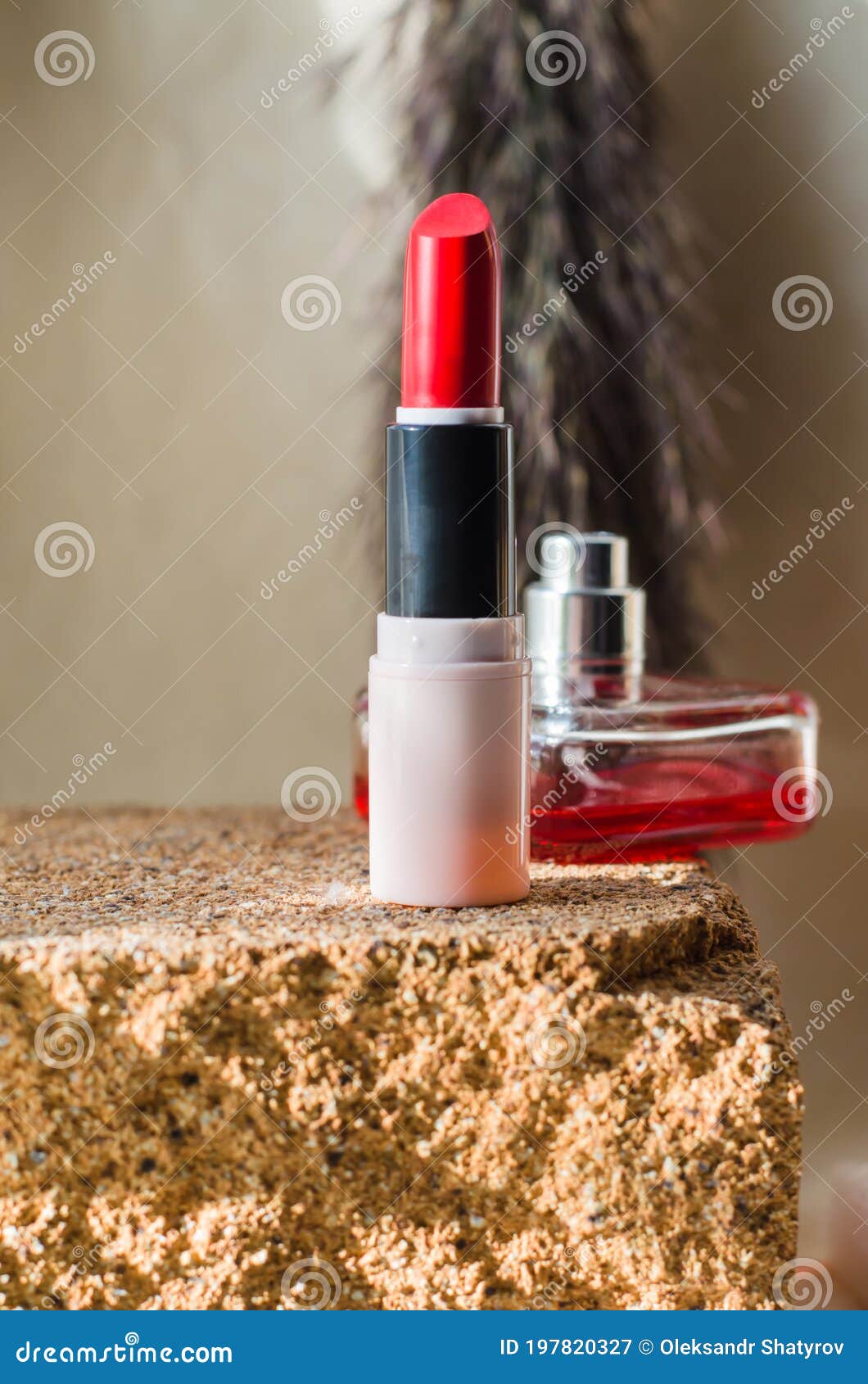Red lipstick and perfume stock image. Image of fashionable - 197820327