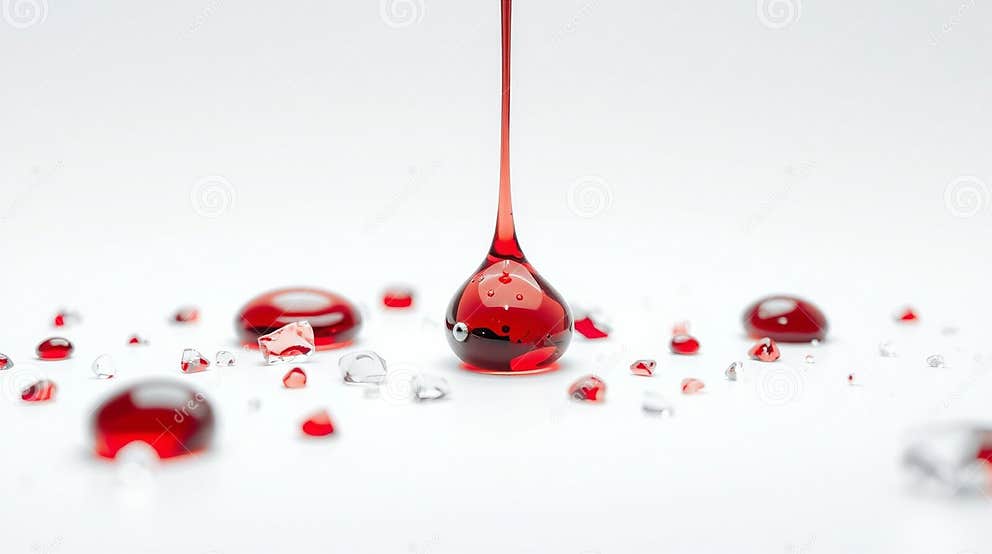 Red Liquid Droplets Falling Onto a White Surface, Creating a Visually ...