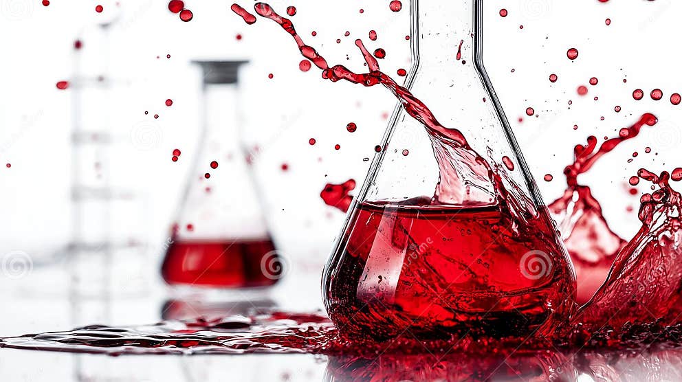 Red Liquid in a Glass Flask Along with Splash Effect on a Flat Surface ...