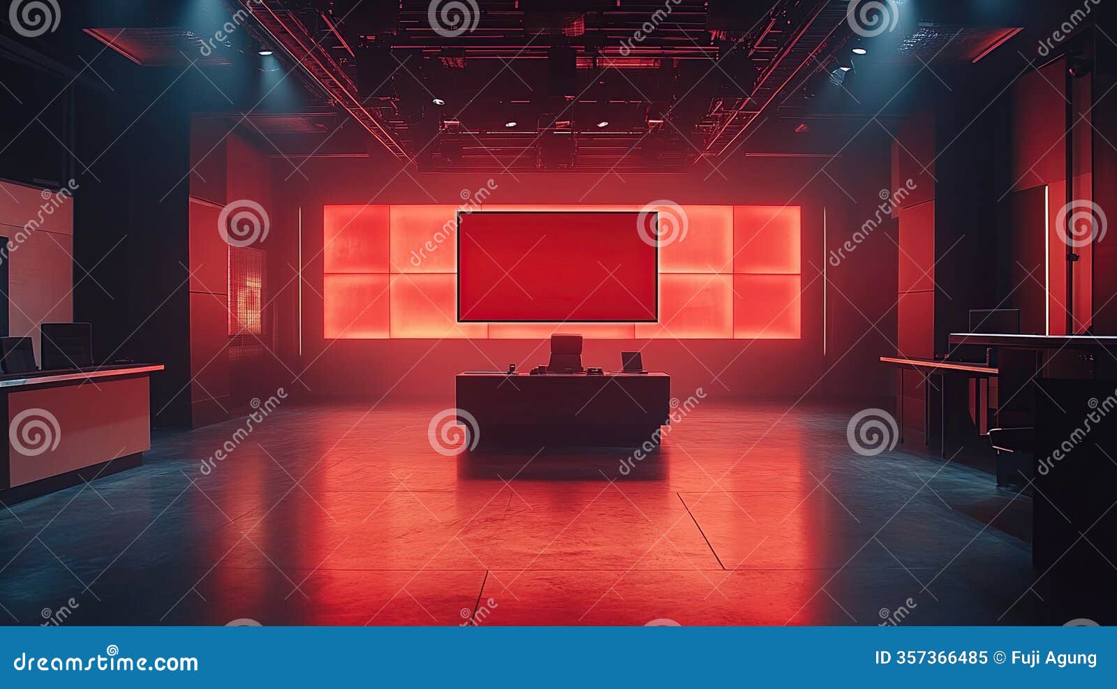 Red-lit Control Room Interior with a Large Blank Screen and Empty Desks ...