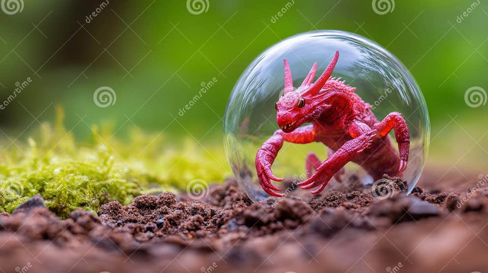 A Red Lizard Inside a Glass Ball on the Ground, AI Stock Photo - Image ...