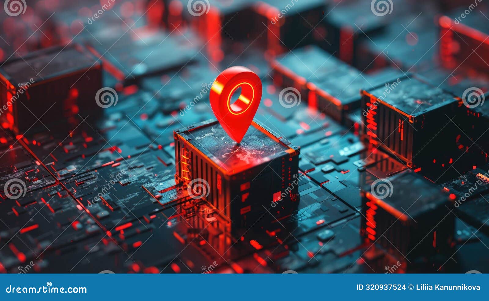 Red Location Pin Icon on Background of Cargo Containers, Container Ship ...