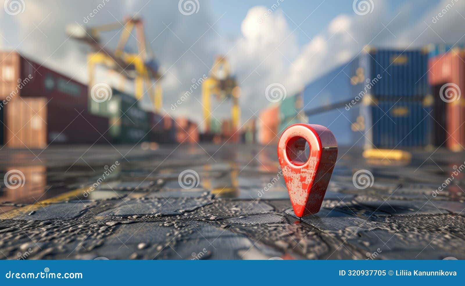 Red Location Pin Icon on Background of Cargo Containers, Container Ship ...