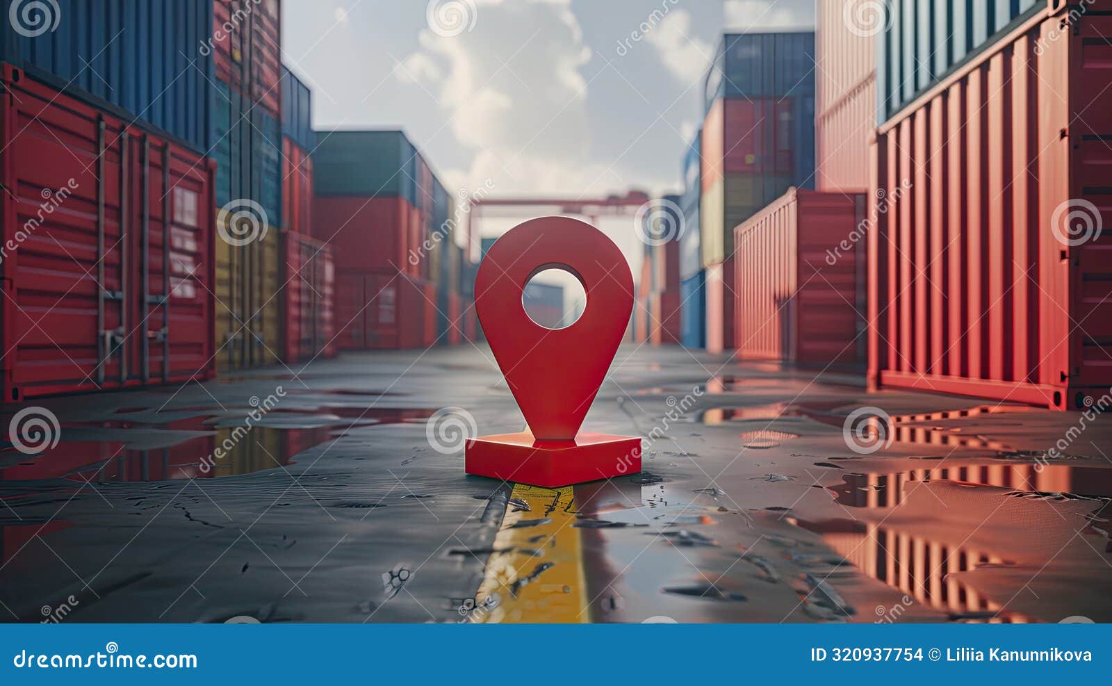 Red Location Pin Icon on Background of Cargo Containers, Container Ship ...