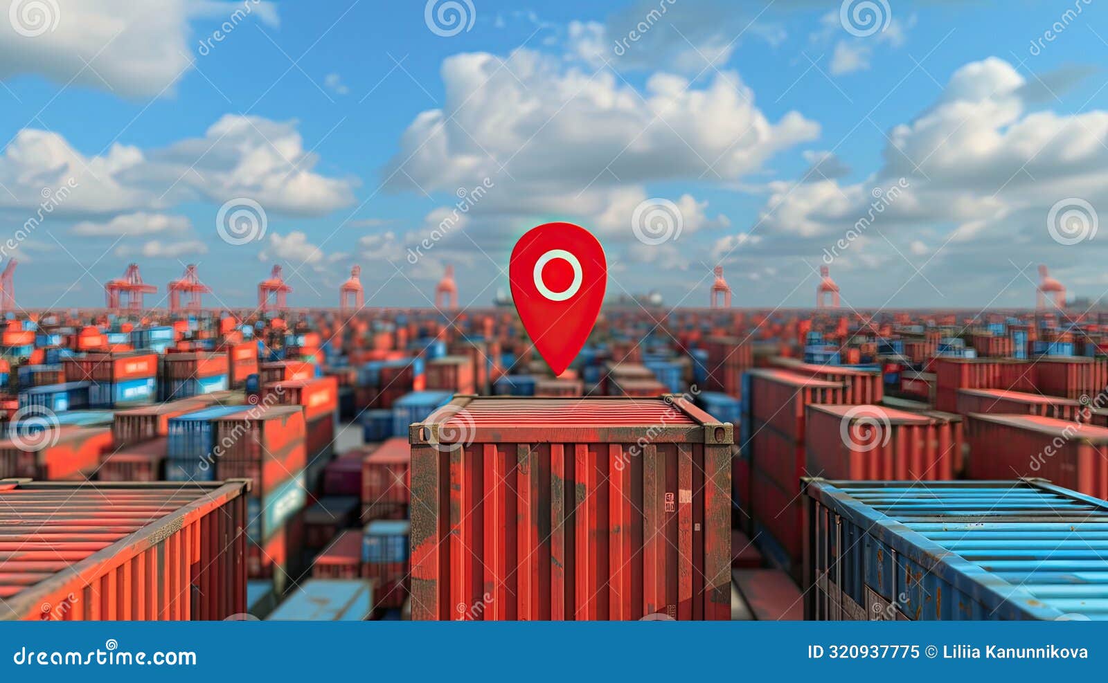 Red Location Pin Icon on Background of Cargo Containers, Container Ship ...