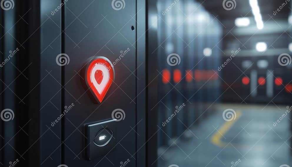 Red Location Pin Indicator Next To Server Racks in a Modern Data Center ...
