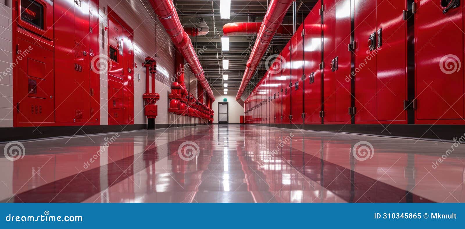 Red Lockers in Long Hallway Stock Image - Image of walls, white: 310345865