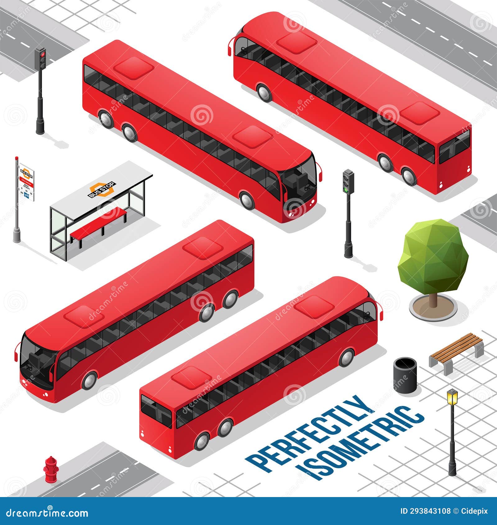 Red Long Isometric Bus from the Front Back Right and Left Stock Vector ...