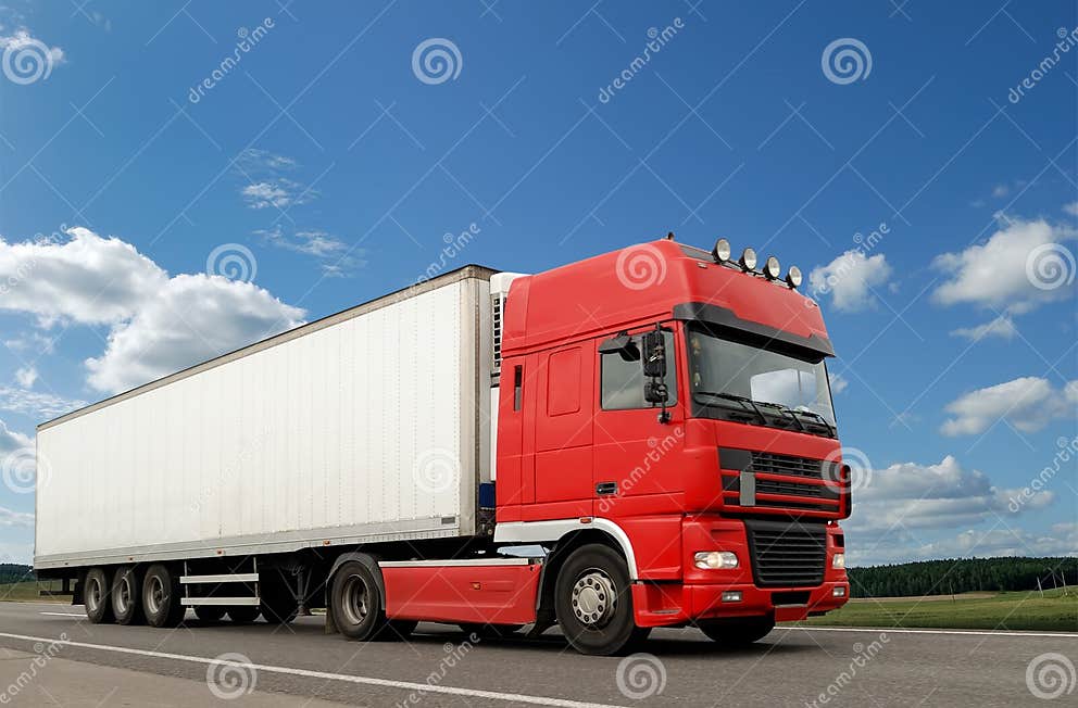 Red Lorry with White Trailer Over Blue Sky Stock Image - Image of ...
