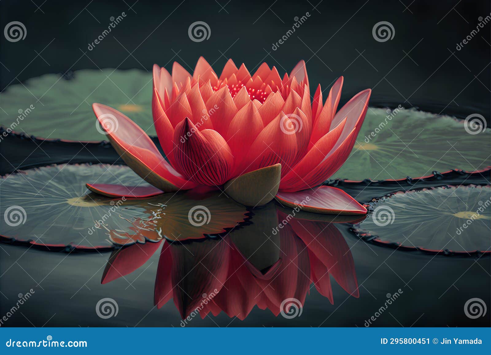 Red Lotus Flower on the Water Surface with Reflection in Dark. Stock ...