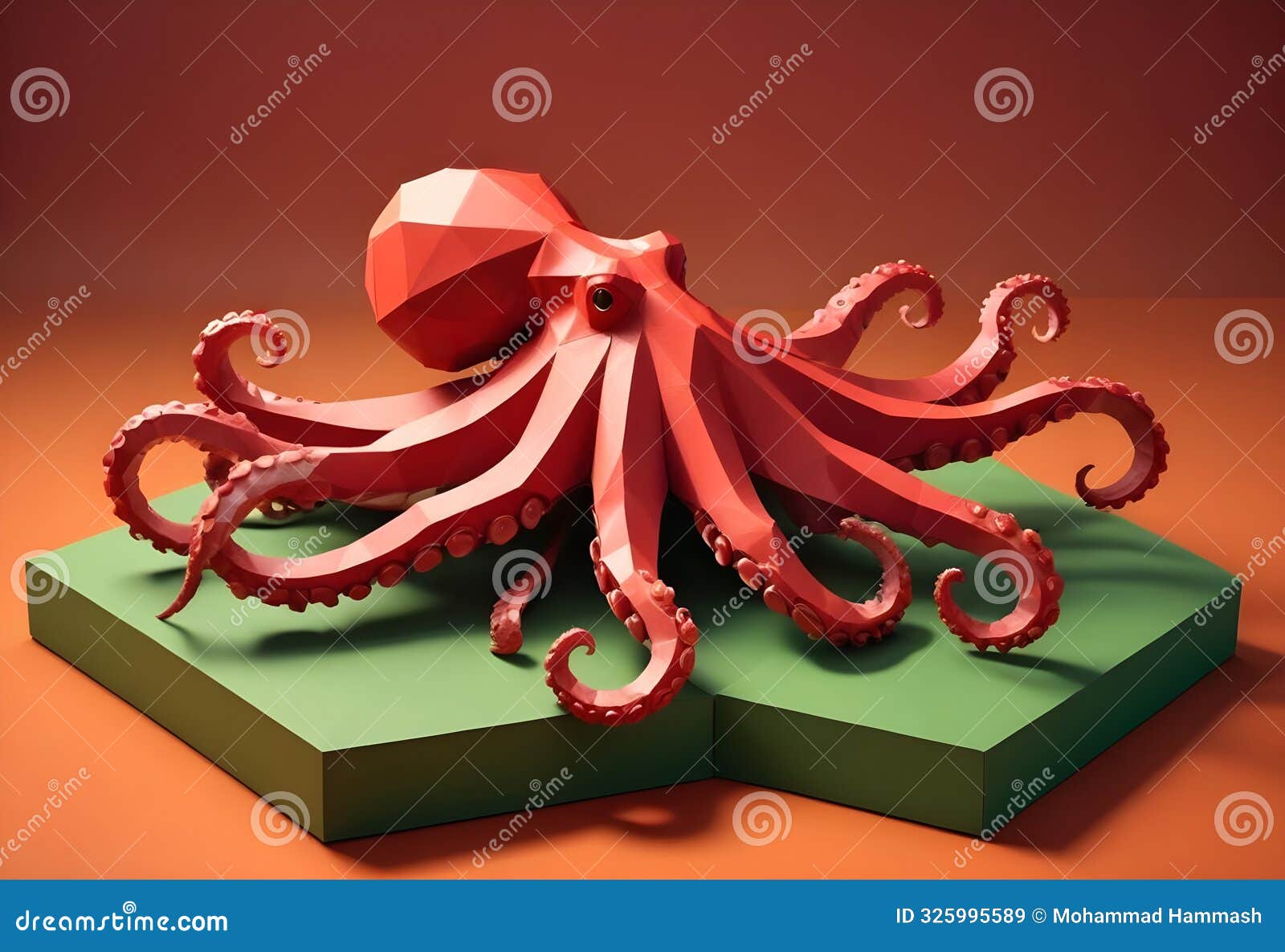 A Red Low-poly Octopus with Its Tentacles Curled Sits on a Green Hexagonal Platform Against an ...
