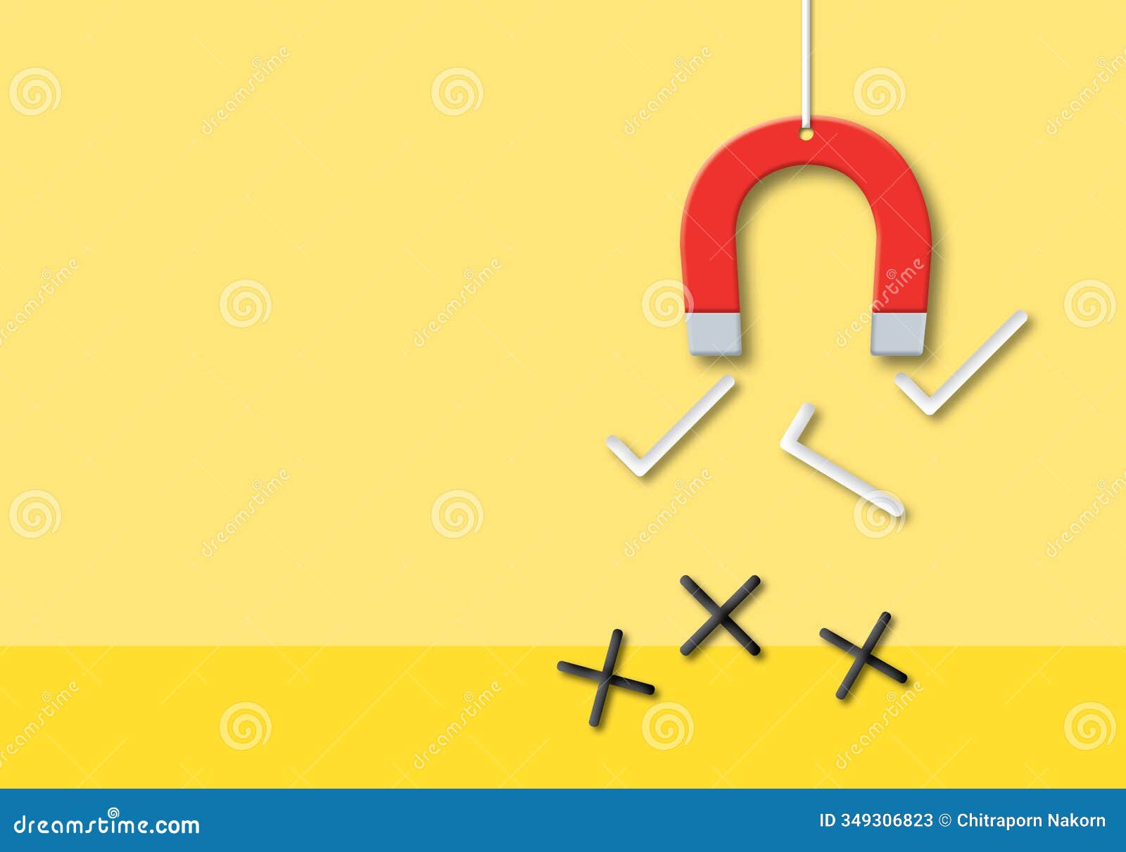 Red Magnet with Check Mark and Wrong Mark on Yellow Background. Concept ...