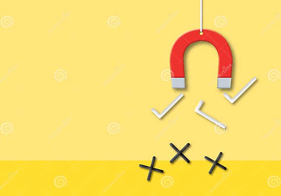 Red Magnet with Check Mark and Wrong Mark on Yellow Background. Concept ...