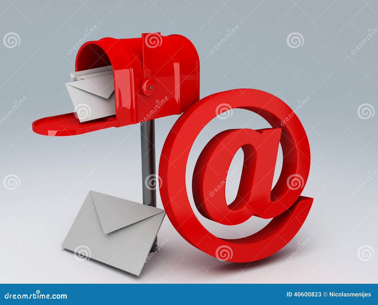 Red Mail Box with Heap of Letters and at Sign Stock Illustration ...