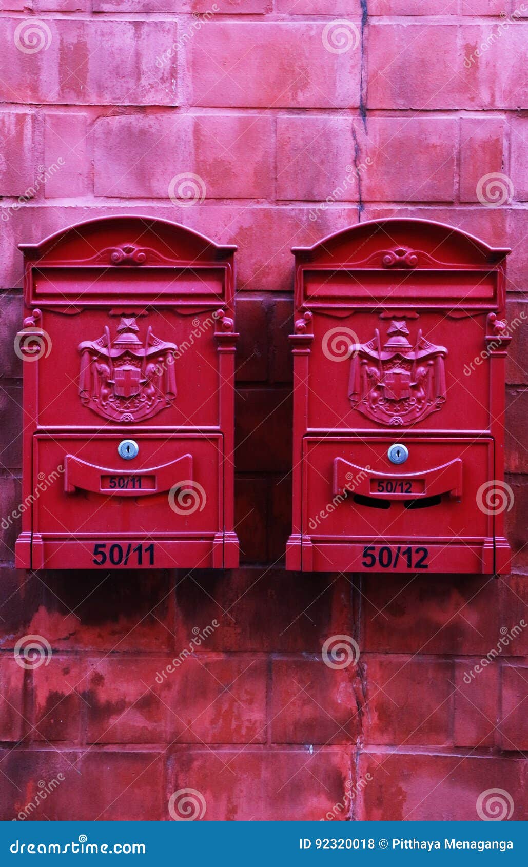 Red mailboxes stock photo. Image of redmailbox, brick - 92320018
