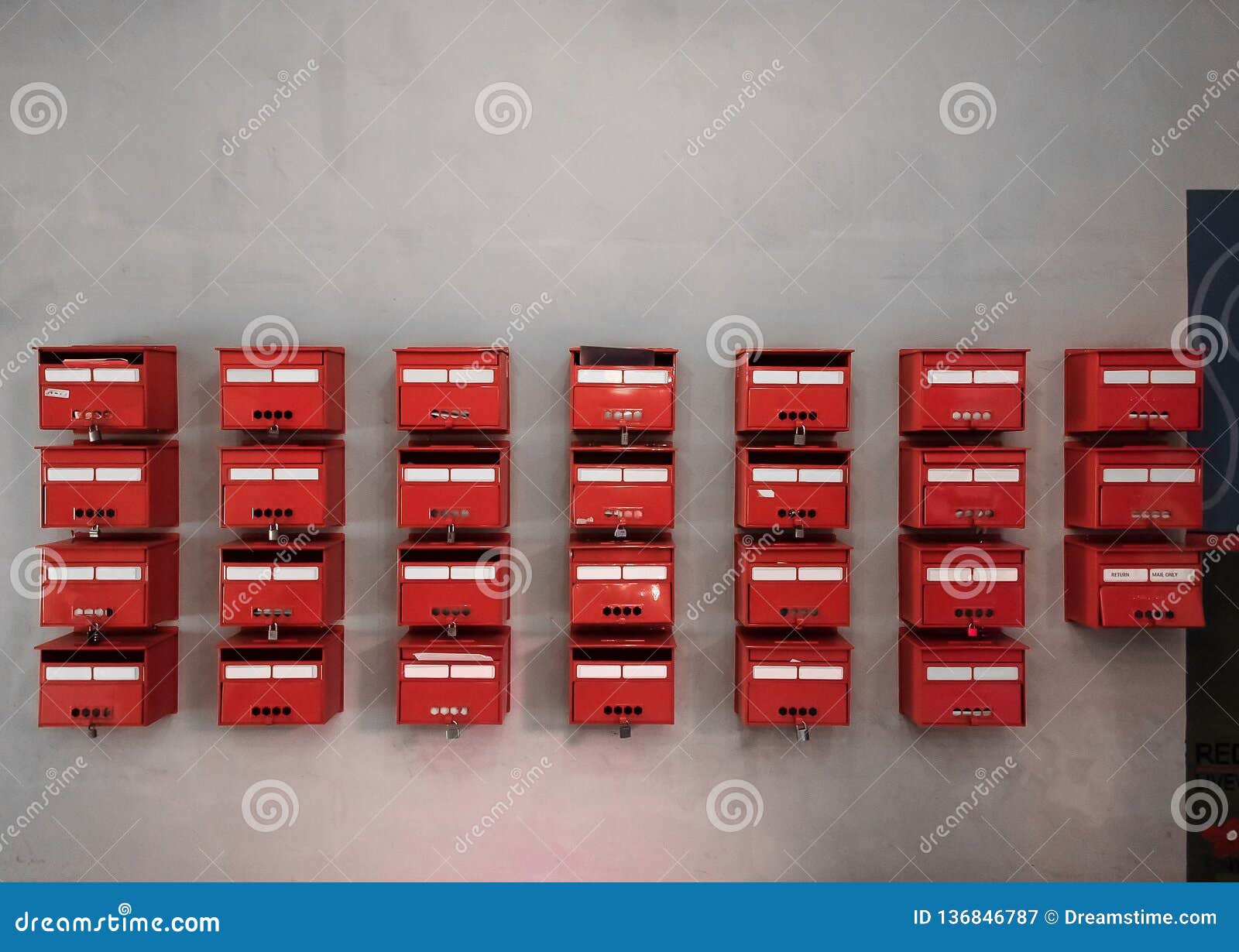 Red mailboxes stock image. Image of mailboxes, wall - 136846787