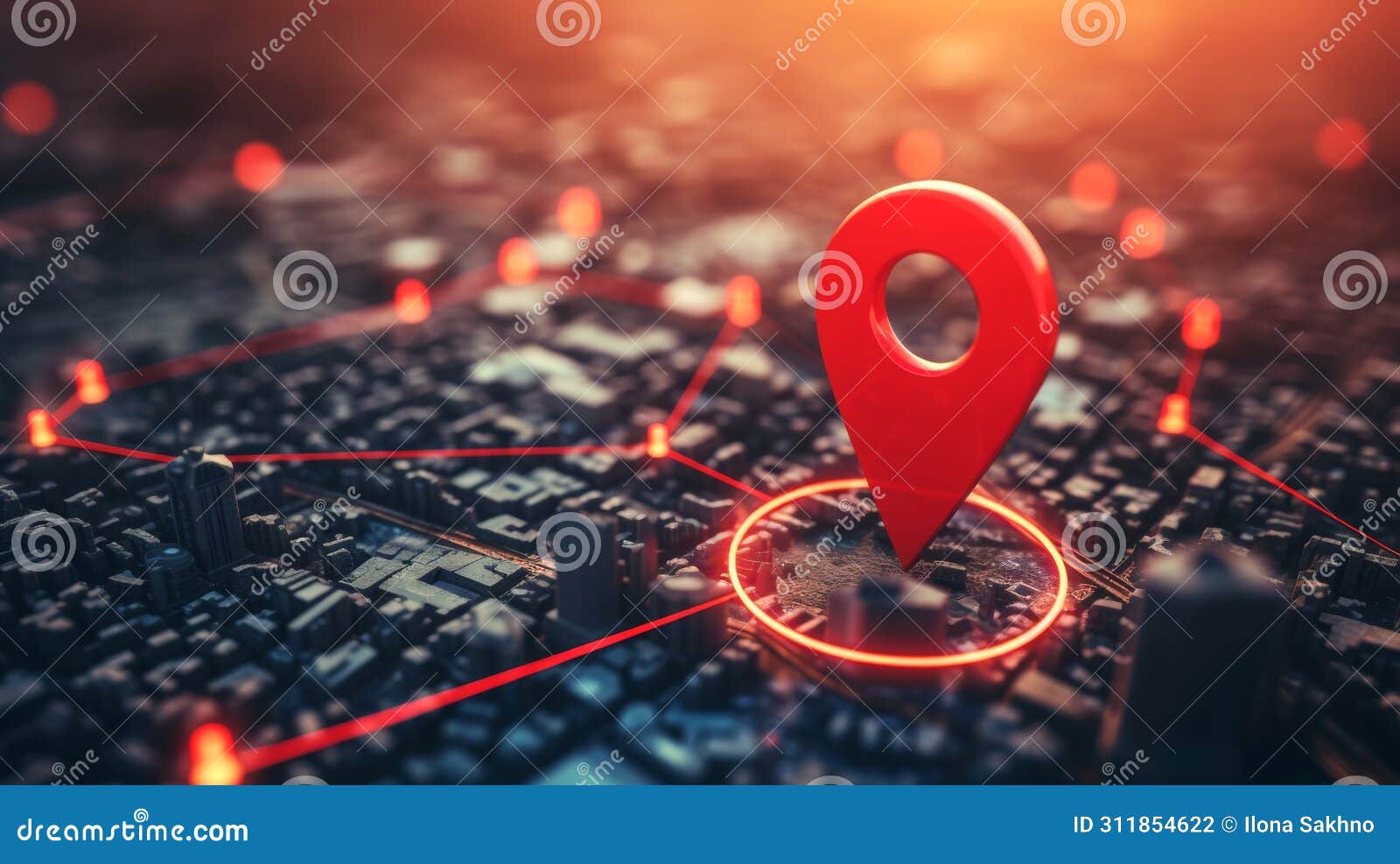 Red Map Pin in Cityscape and Network Connection Stock Illustration ...