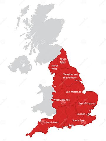 Red Map of Regions of England with Names Stock Vector - Illustration of ...