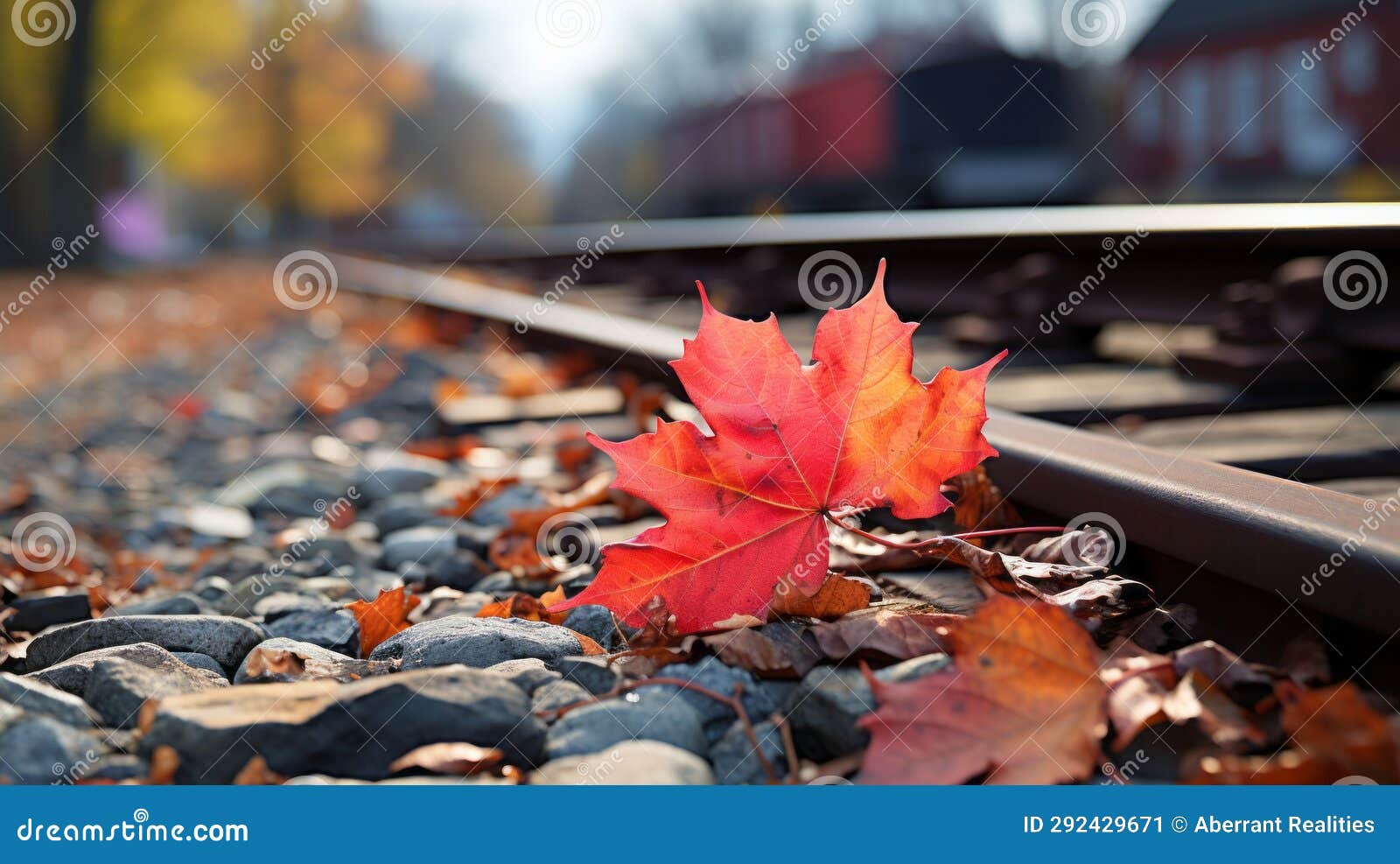 A Red Maple Leaf Laying on the Ground Next To Railroad Tracks Stock ...